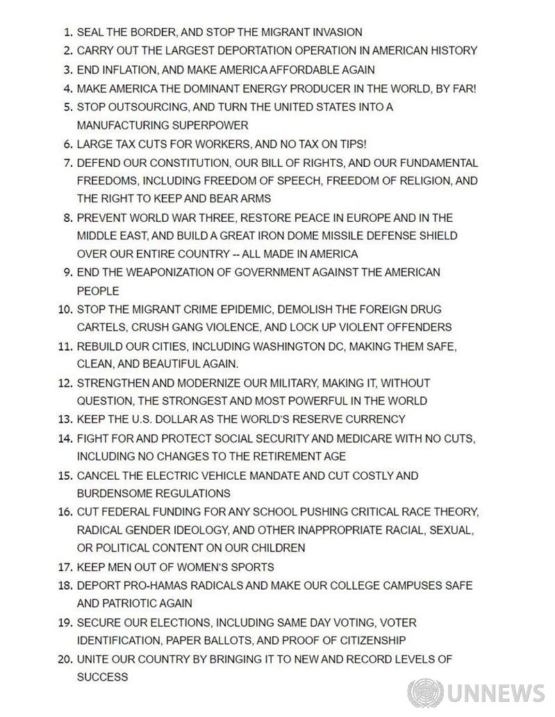 트럼프 2024 의제: 20가지 목표. | UNnews 유엔뉴스 유엔신문
